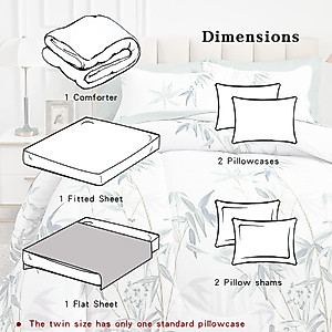 7 Pieces Bed in a Bag Queen Comforter Set with Sheets, Green Leaves on White Botanical Design Bedding Sets for All Season (1 Comforter, 2 Pillow Shams, 1 Flat Sheet, 1 Fitted Sheet, 2 Pillowcases)