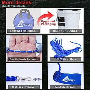 Drasry Saltwater Fishing Cast Net 3/8 and 1/4 Mesh with Heavy Duty Gray Sinker American Monofilament Fish Throw Net for Bait Trap 3FT 4FT 5FT 6FT 7FT 8FT 9FT Radius 3/8, 3FT Radius /90cm