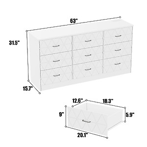 GarveeHome 9 Drawer White Dresser for Bedroom with Power Outlet, 63'' Wooden Large Dresser with Wide Drawer, Modern Chest of Drawers for Closet, Storage Organizer Long Dresser for Hallway, Living Room