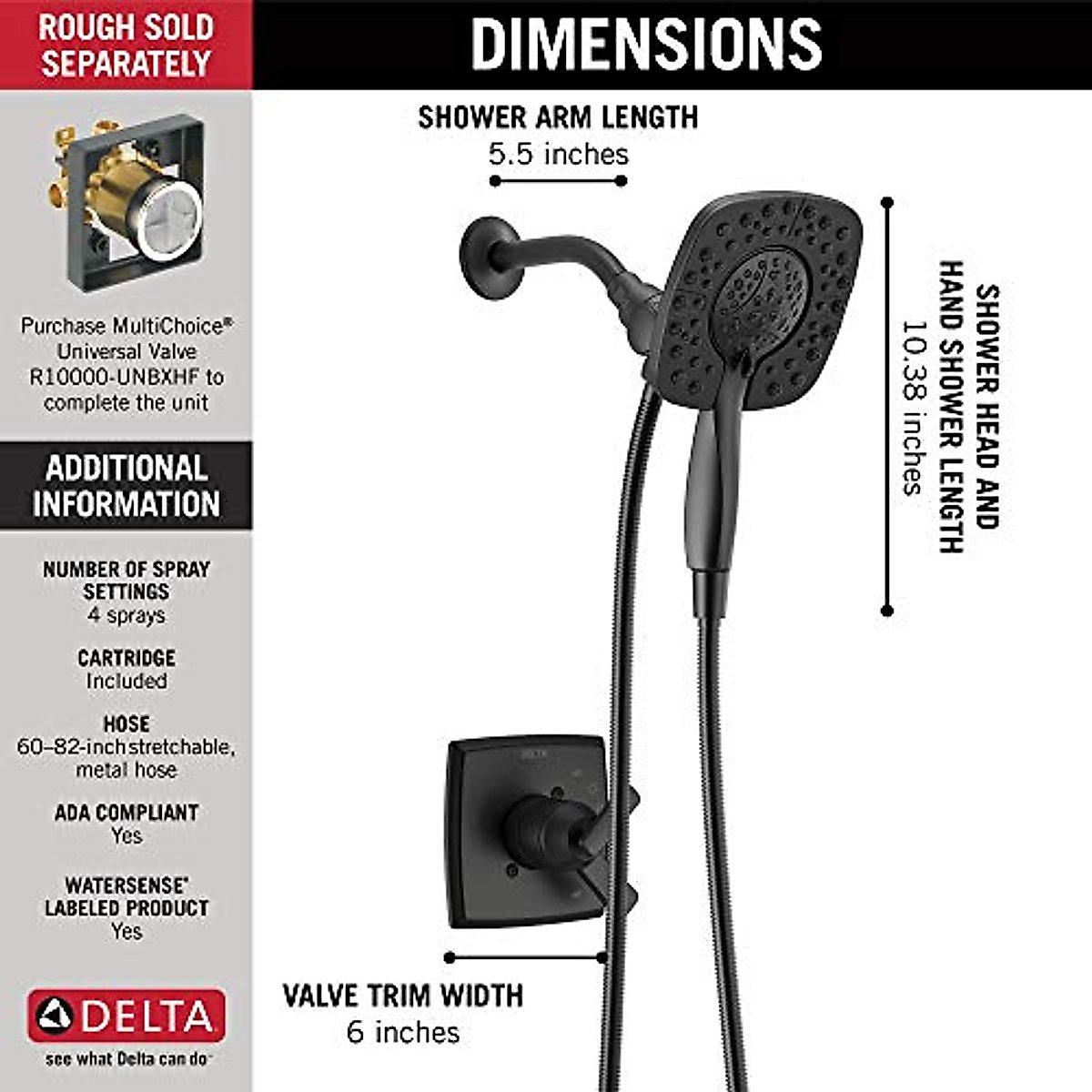Delta Faucet Ashlyn 17 Series Dual-Handle Delta Shower Trim Kit with In2ition 2-in-1 Shower Head with Handheld Spray, Matte Black Shower Fixture, Matte Black T17264-BL-I (Valve Not Included)