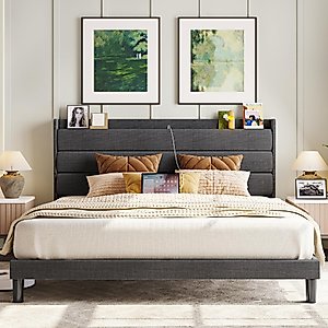 LIKIMIO King Size Bed Frame, Storage Headboard with Outlets, Sturdy and Stable, No Noise, No Box Springs Needed, Dark Gray