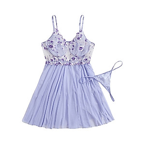 WDIRARA Women's Plus Size Floral Embroidered Mesh Lingerie Babydoll Dress with Panty Lilac Purple 3XL