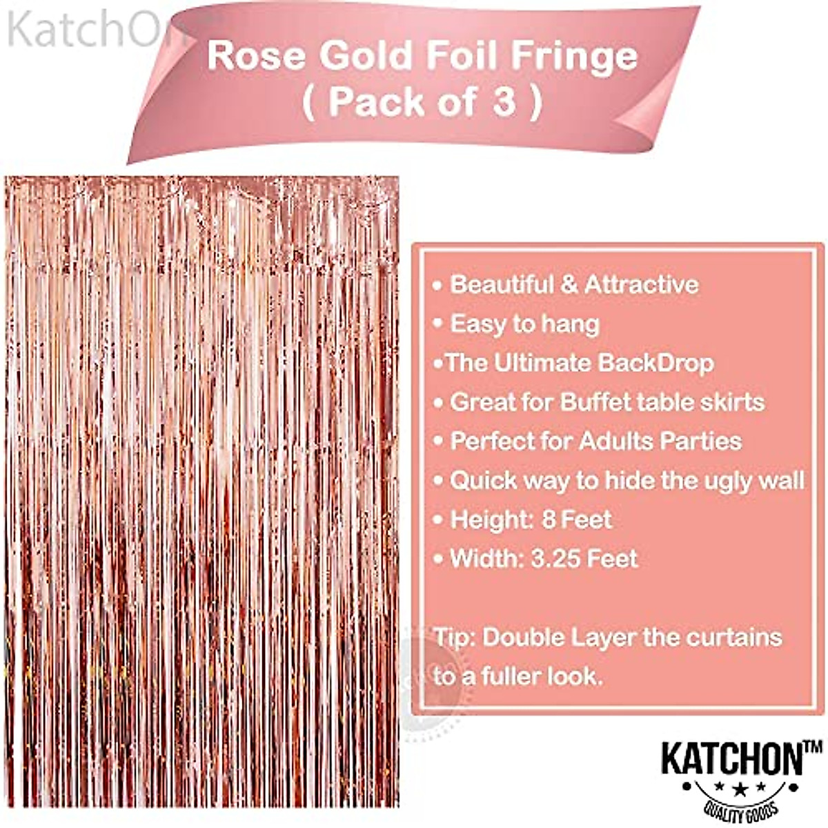 Big 3 Pieces Rose Gold Fringe Curtain - 9.6x8 Feet, Rose Gold Streamers | Rose Gold Backdrop for Birthday Party | Rose Gold Tinsel Backdrop, Rose Gold Party Decorations, Bachelorette Party Decorations