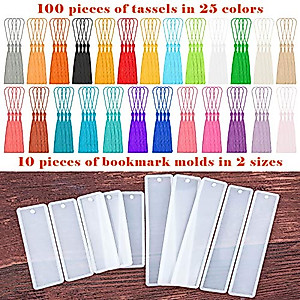 Bookmark Mold with Tassles, Caffox Bookmark Mold Kit with 100pcs Bookmark Tassels Bulk and 10pcs Rectangle Silicone Bookmark Mold for Epoxy Resin Casting