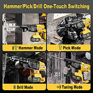 Cordless Rotary Hammer Drill for Dewalt 20V MAX Battery, Brushless SDS Rotary Hammer with Safety Clutch for Concrete/Masonry, 4 Modes with 360°Auxiliary Handle and 4 Drill Bits (Battery not included)