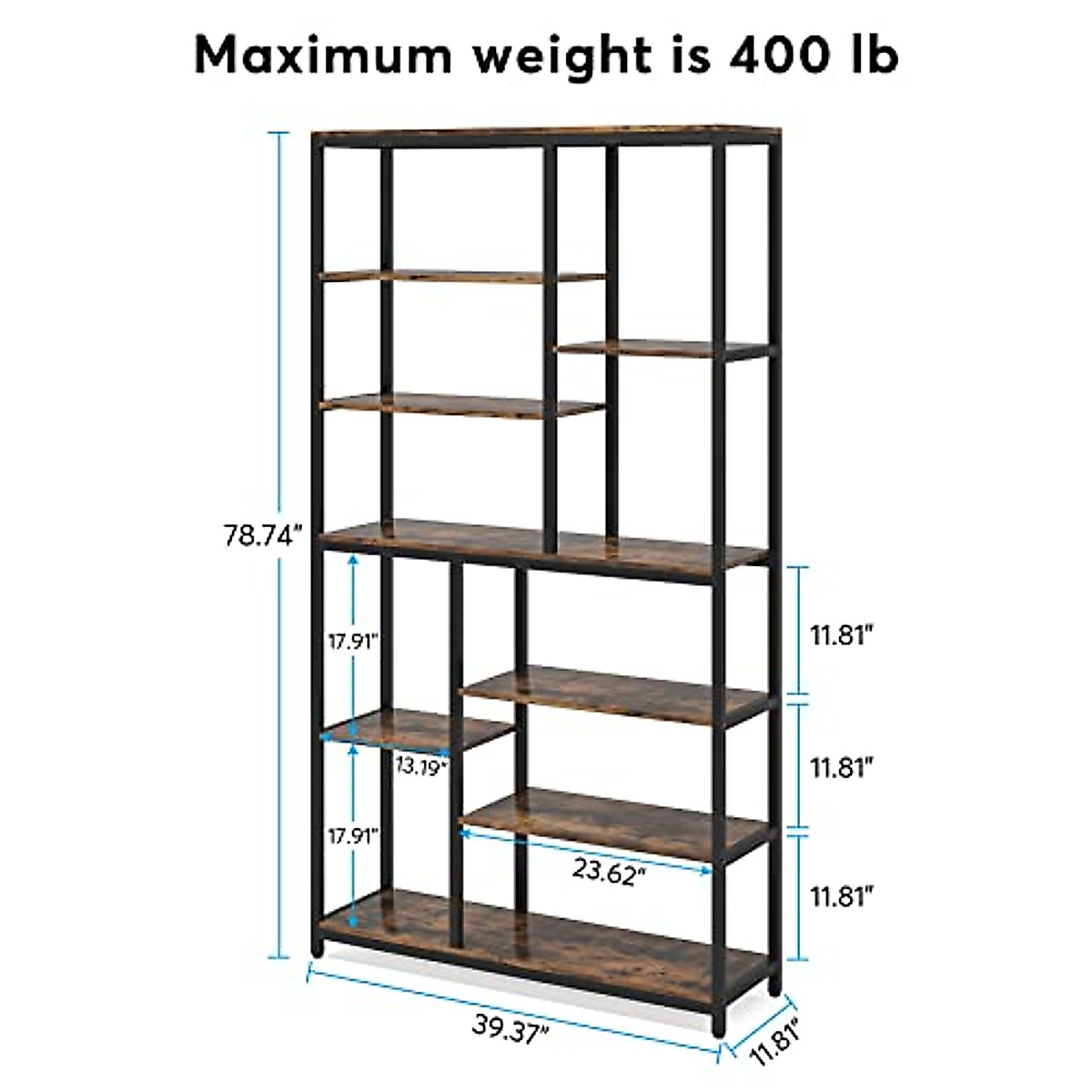 Tribesigns 79 inches Tall Bookshelf Bookcase, 8-Tier Staggered Bookcase, Modern Freestanding Open Book Shelves, Wide Wood Etagere Shelving Unit Display Shelf for Living Room (Black&Rustic)