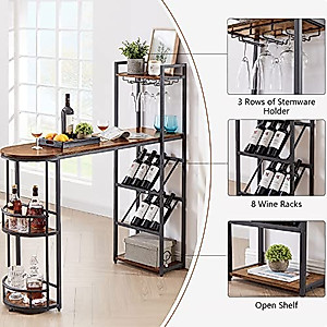 KIVENJAJA Bar Table with Wine Racks, Storage Shelves & Glass Holders, Industrial Small High Top Kitchen Table for 2, 36.4” Counter Height Dining Table Home Bar Unit, Rustic Brown and Black