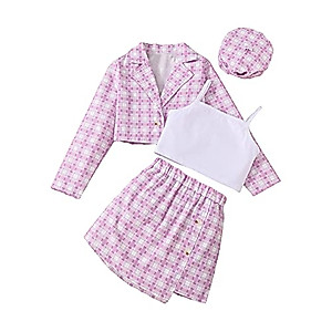 SOLY HUX Girl's Plaid Print Cami Crop Tops and Bodycon Mini Skirt with Blazer Outwear & Hat 4 Piece Outfit Purple and White 9Y