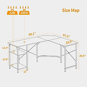 CubiCubi L Shaped Desk, 59.1 Inch Reversible Corner Desk with Storage Shelves, Home Office Desk for Writing Gaming Study, White