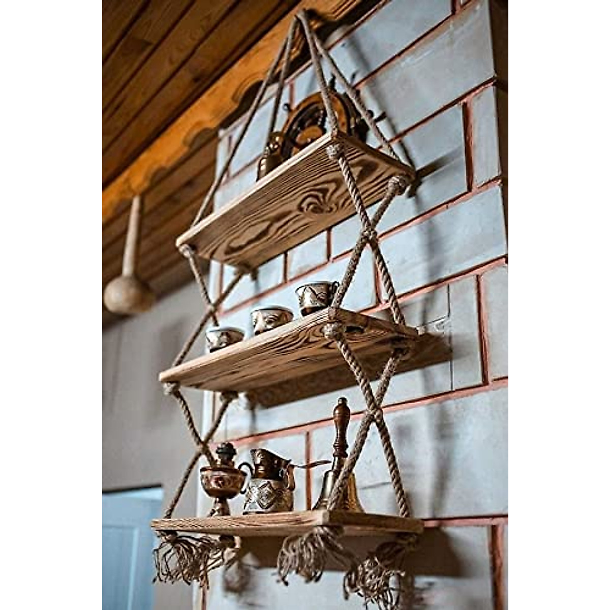 Varnished Retro Wood 3' Eye Rope Wall Shelf Bookcase Flower Holder, Home Wall Wood Shelf