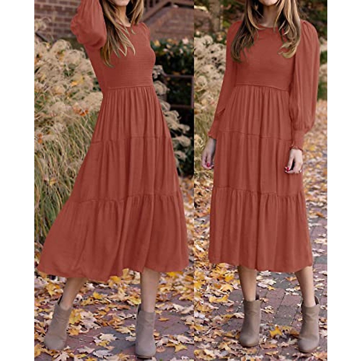 ZESICA Women's 2023 Casual Long Sleeve Crew Neck High Waist Smocked Flowy Tiered Midi Dress,Rust,Medium