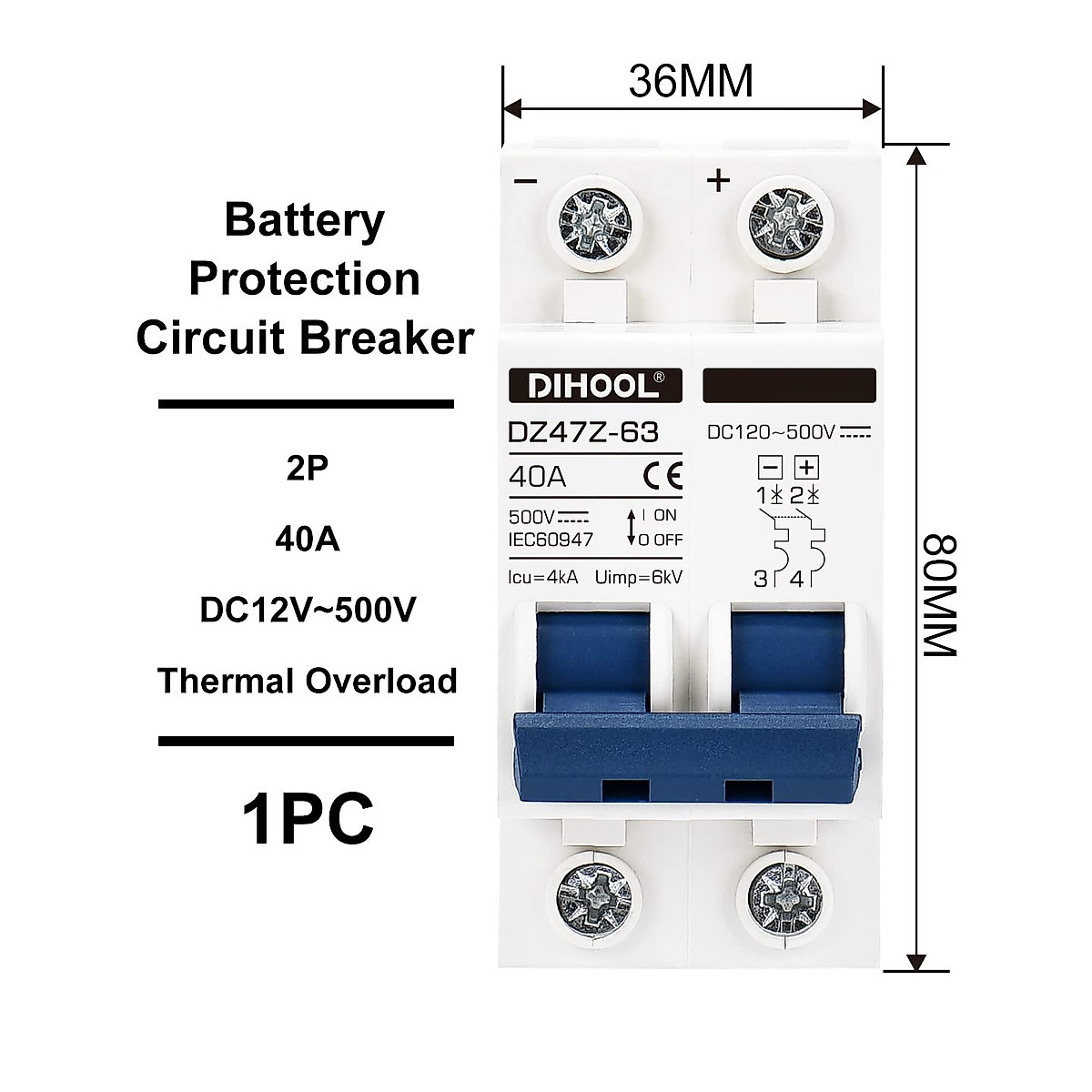 DIHOOL 40 Amp dc circuit breaker, 2-pole 500V DIN Rail Mount solar disconnect switch for Solar panels