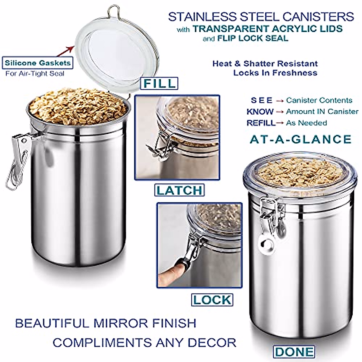 HOMEARRAY Stainless Steel Canister Set - Airtight Food Storage Canisters for Kitchen Counters, Tea, Sugar, Flour, Coffee Sealable Jars with Locking Clamp - Set of 4