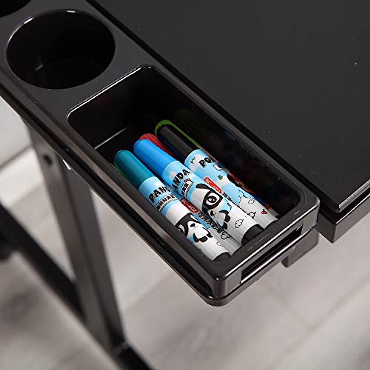 soges Glass Drafting Table, Mobile Drawing Desk with Tilted Tabletop, Art Table with 2 Storage Drawers, Painting Desk for Reading Writing Drawing, Black