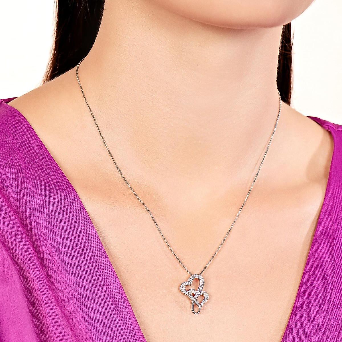 Jewelili Double Heart Necklace Pendant with Natural White Round Diamonds in Sterling Silver 18 inch Rolo Chain