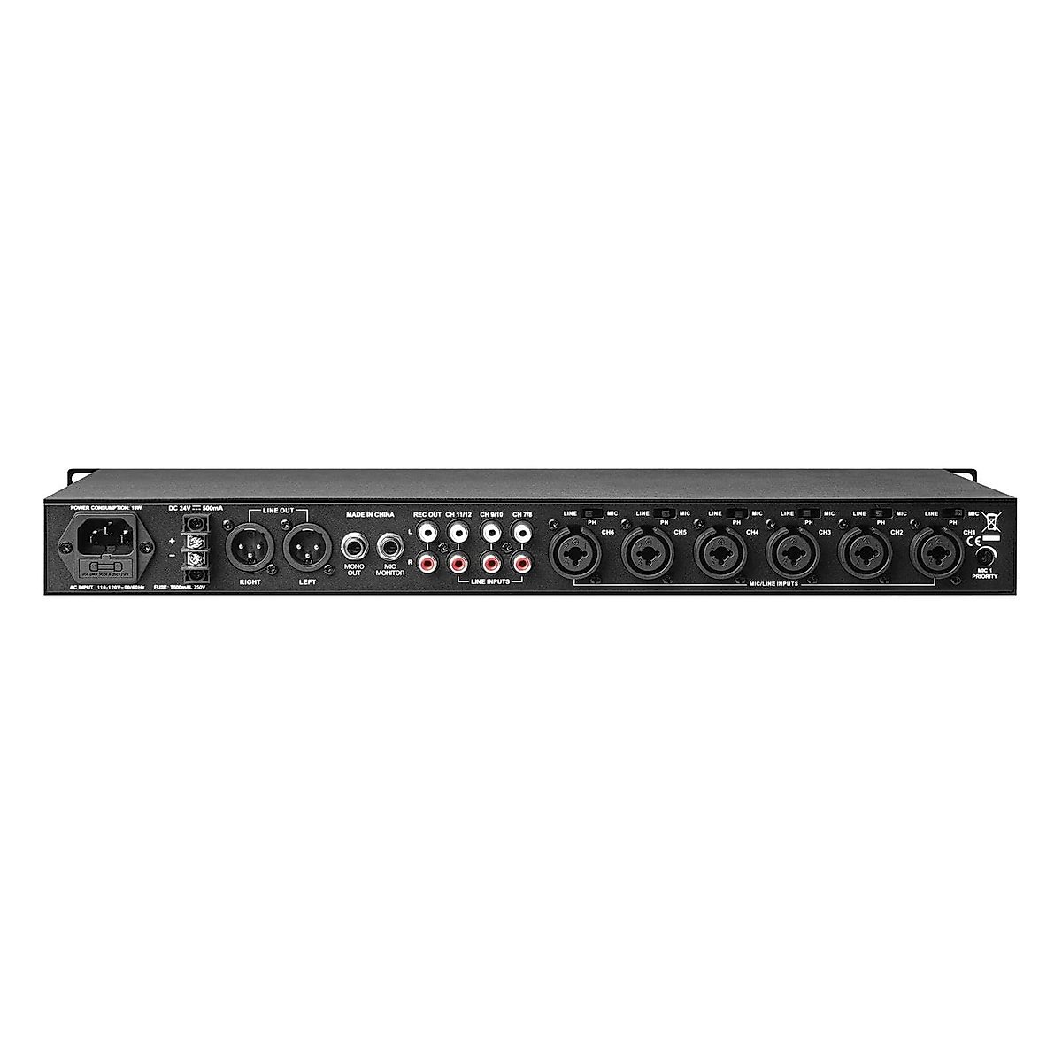 Denon DN-312X Professional 12-Channel Line Mixer with Priority; 6 HDHQ Combination Inputs with MIC, Phantom and Line Selector Switches; 6 Mono (3 stereo) RCA Inputs, 1U Rack Mountable