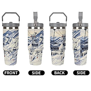 WITHSBKK 30oz Car Cup Mount Horsney Ski Lift Printed with Portable, Stainless Steel Travel Mug, Vacuum Insulated Tumbler And Straw, Leakproof for Car & Outdoor, UV Printed Design
