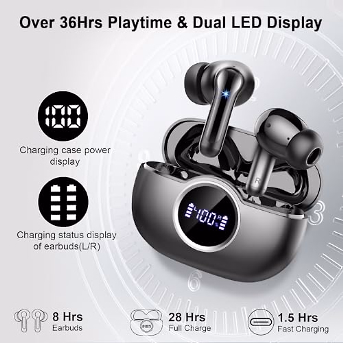 Wireless Earbuds, 2025 Bluetooth 5.4 Headphones Hi-Fi Stereo 3D Bass Ear Buds, 4 ENC Noise Cancelling Mic, 36Hrs USB-C in-Ear Earphones, IP7 Waterproof Workout Sport for Laptop Pad Android iOS, Black