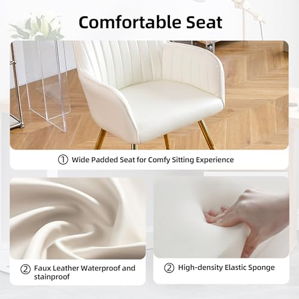 Purgreen Faux Leather Dining Chair Set of 2 - Modern Mid-Back Accent Chair with Gold Plating Legs - Upholstered Living Room Chair (Leather Beige, Set of 2)