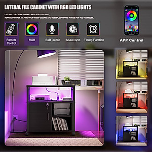 Unikito File Cabinet with LED Lights, Lateral Filing Cabinet with Power Outlets and USB Charging Ports, Mobile Printer Stand with Storage, Office Cabinet for Letter, A4, Legal and File Folders, Black