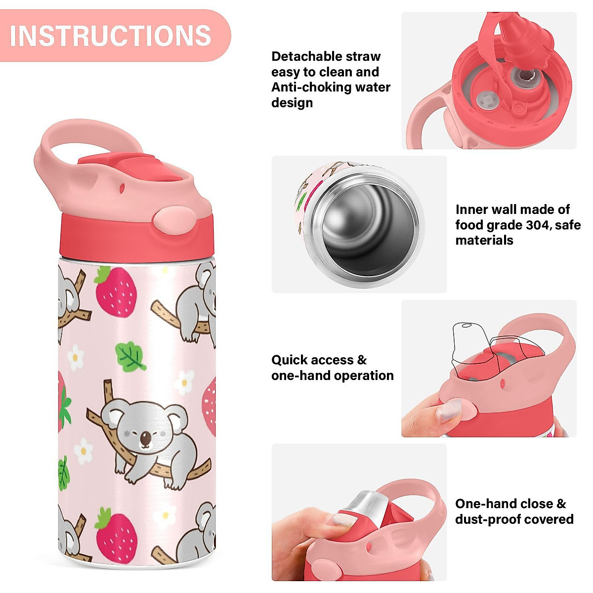 Kigai Koala Strawberry Kids Water Bottle, Insulated Stainless Steel Water Bottles with Straw Lid, 12 oz BPA-Free Leakproof Duck Mouth Thermos for Boys Girls