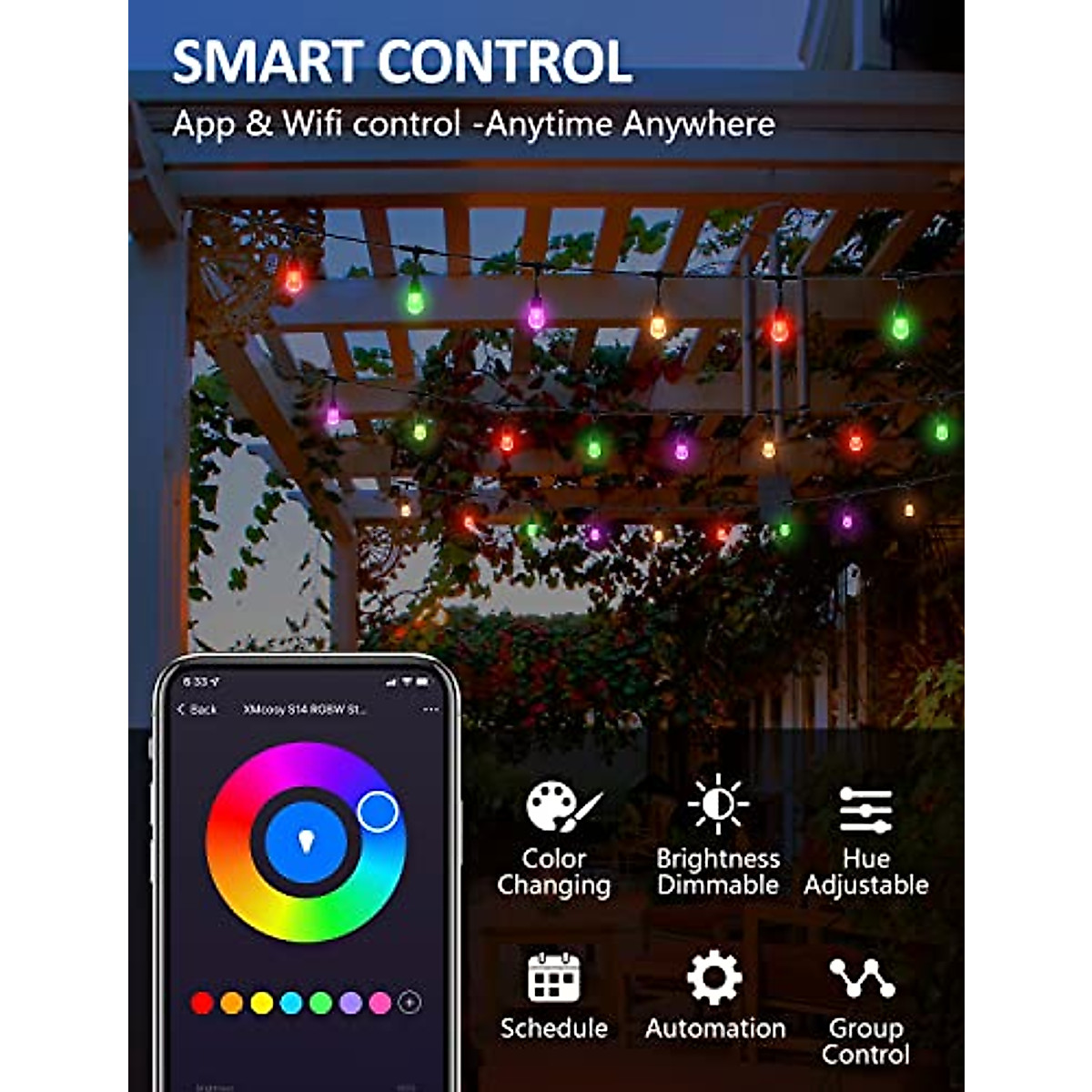 XMCOSY+ Outdoor String Lights, 98 Ft Smart RGB Patio Lights, App & WiFi Control LED String Lights Works with Alexa, IP65 Waterproof Color Changing RGBW Outdoor Lights with 30 Dimmable LED Bulbs