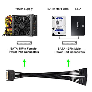 J&D 15 Pin SATA Power Cable Bundle, 15 Pin SATA Power Extension Cable and 15 Pin SATA Power Y Splitter Cable, Male to Female