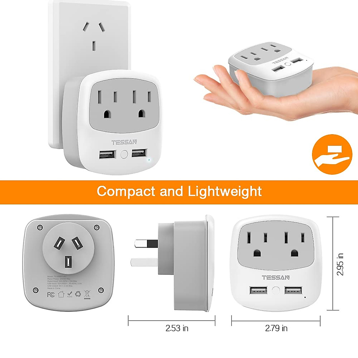 TESSAN New Zealand Australia Power Plug Adapter, Type I Travel Adaptor with 2 USB Ports 2 American Outlets, US to Australian AU Fiji Argentina China Charger Plug Converter