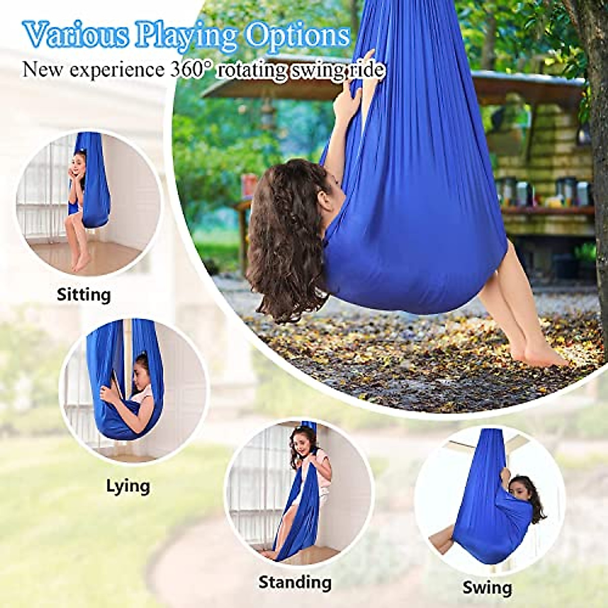 Sensory Swing + 360° Swivel Hanger,Adjustable Height Indoor Outdoor Swing for Kids, Hanging Pod Chair, Helps with Sensory Disorders, Autism, ADHD, Therapy Swing, Pod Swing Chair (size59 x110) (Blue)