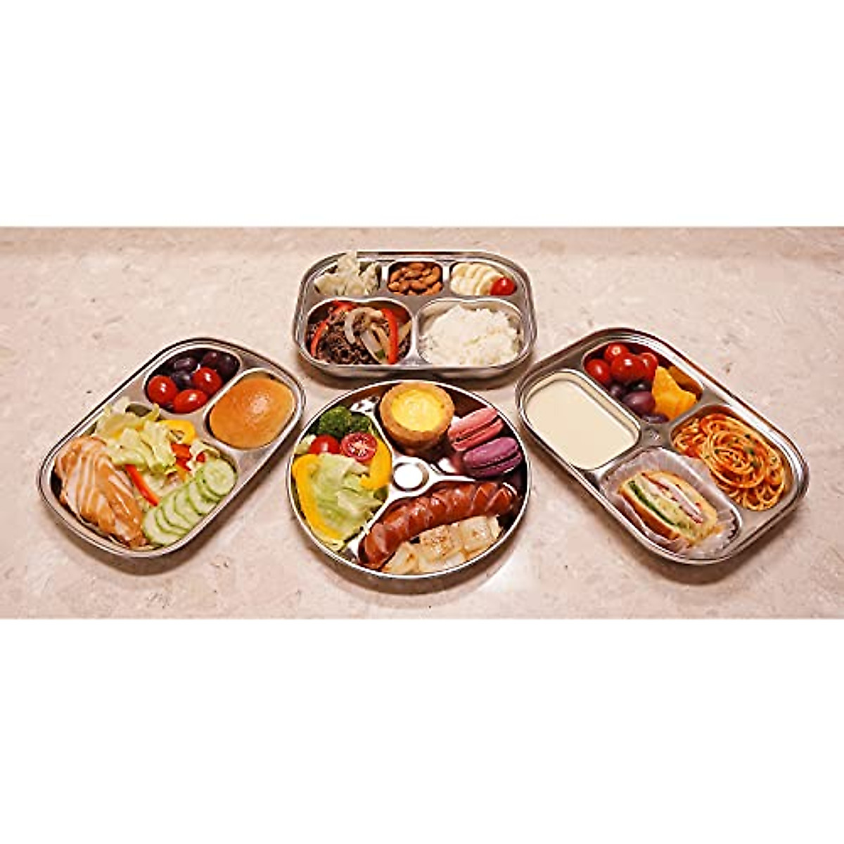 Korean Stainless Steel Divided Round Plates, Little Kids Toddlers Babies Tray, BPA Free, Diet Control, Camping Dishes, 8 Inch Compact Serving Platter, 3 Compartment Plate, Set of 2