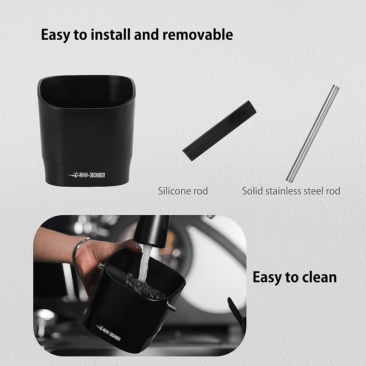 MHW-3BOMBER Espresso Knock Box Removable Stainless Steel Bar Coffee Puck Knock Box Coffee & Espresso Grounds,Non-Slip Base 4.8 Inch Espresso Accessories Black GB5960B