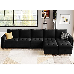 Belffin Large Velvet L Shaped Sectional Sofa Couch with Reversible Double Chaises Modular Sectional Sofa Couch with Storage Ottomans Convertible Sectional Sofa Black