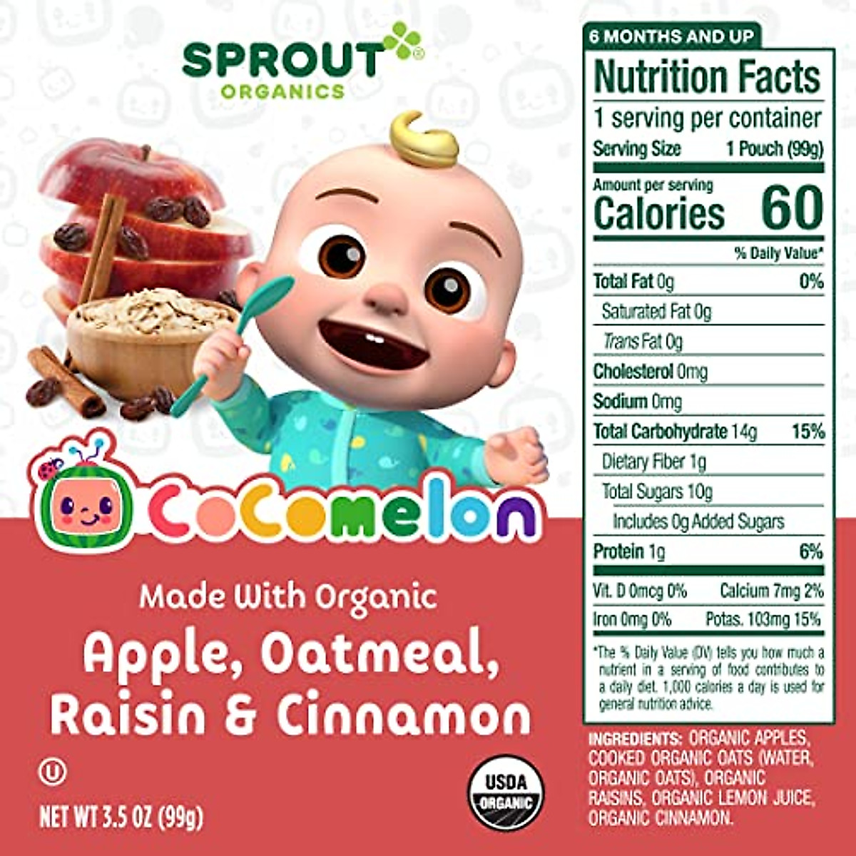CoComelon Sprout Organic Baby Food Pouches, Apple Oatmeal Raisin with Cinnamon, 3.5 Oz Purees (Pack of 12)