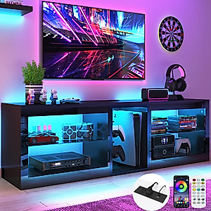 Vinctik 6&Fox High Gloss LED TV Stands w/Power Outlet,60,000-Colors Lighting for 55 60 65inch TV,Modern Black LED Entertainment Center w/Adjustable Glass Shelves for Living Room Gameroom Bedroom