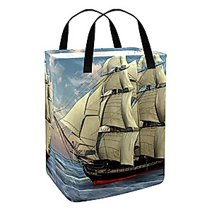 Sailing Shits in Ocean Print Collapsible Laundry Hamper, 60L Waterproof Laundry Baskets Washing Bin Clothes Toys Storage for Dorm Bathroom Bedroom