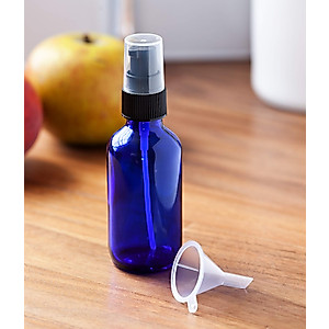 JUVITUS 2 oz Cobalt Blue Glass Boston Round Black Treatment Pump Bottle (24 Pack) + Funnel and Travel Size Foamer for Soap