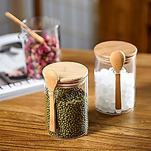 Piscepio Glass Jar Containers with Bamboo Airtight Lid Wooden Spoon Scoop Food Storage Canister Clear Glass Containers Kitchen Organization Jars 3 Pcs 450ML