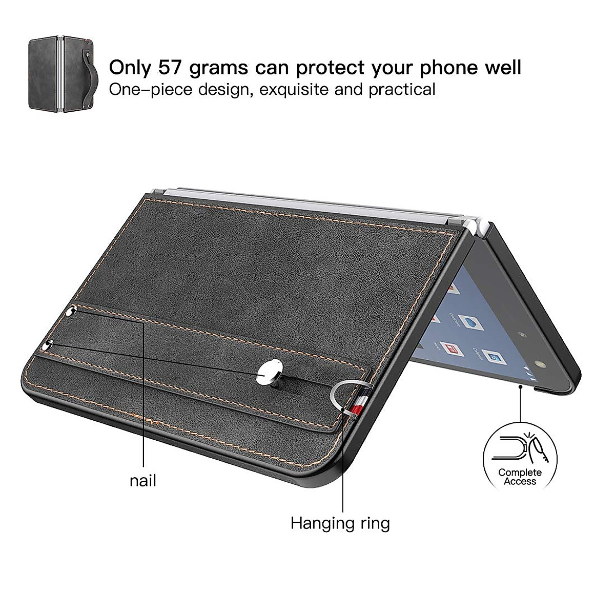 Foluu for Microsoft Surface Duo Case, Surface Duo Leather Case 2020, [Slim & Lightweight] PU Leather Back Cover Hard PC Holder with Hand Strap Protective Phone Case for Microsoft Surface Duo (Black)