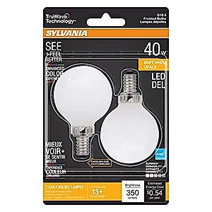 SYLVANIA LED TruWave Natural Series Décor Globe G 16.5 Light Bulb, 40W Equivalent, 4.5 Efficient, Candelabra Base, Dimmable, 350 Lumens, 2700K, Frosted, Soft White - 2 Pack (40797)