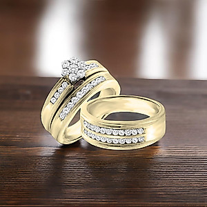 Dazzlingrock Collection 0.95 Carat Round White Diamond Flower Cluster Trio Ring Set for Women & Men in 14K Yellow Gold, W-7 and M-10