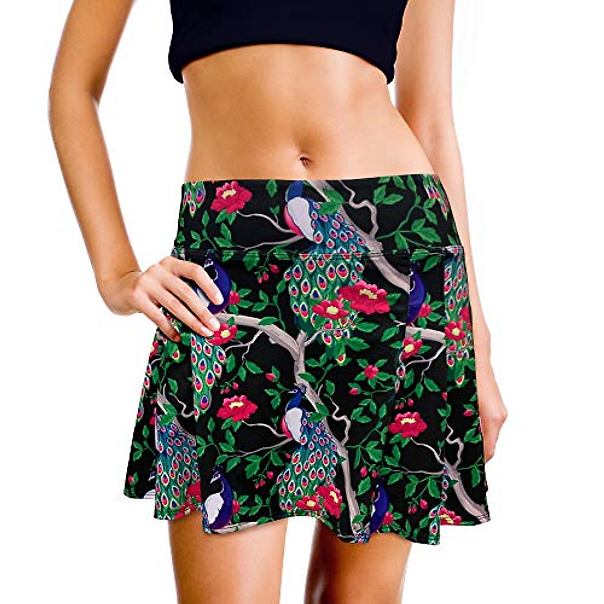 XrSzChic Womens Tennis Golf Skirt Athletic Exercise Printed Skorts Short Pocket Black Peacock, Large