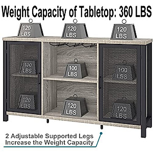 IBF Rustic Liquor Bar Cabinet, Industrial Coffee Wine Cabinet for Liquor and Glasses, Farmhouse Bar for Home Kitchen Living Dining, Sideboard Buffet Cabinet with Bar Rack Storage, Light Gray Oak 55 In