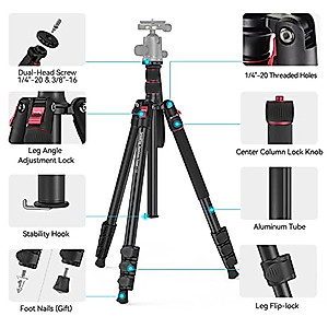 SmallRig 68" Camera Tripod, Foldable Aluminum Tripod & Monopod, Compatible with 1/4"-20 and 3/8"-16 Video Head, Payload 33lb, Adjustable Height from 19.7" to 67.7" for Camera, Phone - 3983