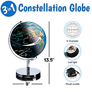 USA Toyz Illuminated Globe of the World with Stand - 3in1 World Globe, Constellation Globe Night Light, and Globe Lamp with Built-In LED, Easy to Read Texts, and Non-Tip Base, 13.5 Inch Tall