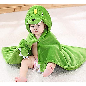 TONWHAR 0-4 Years Toddlers' And Kids' Boys Girls Animal Face Hooded Blanket Baby's Bathrobe,Plush After Bath Blanket (Green Dinosaur)