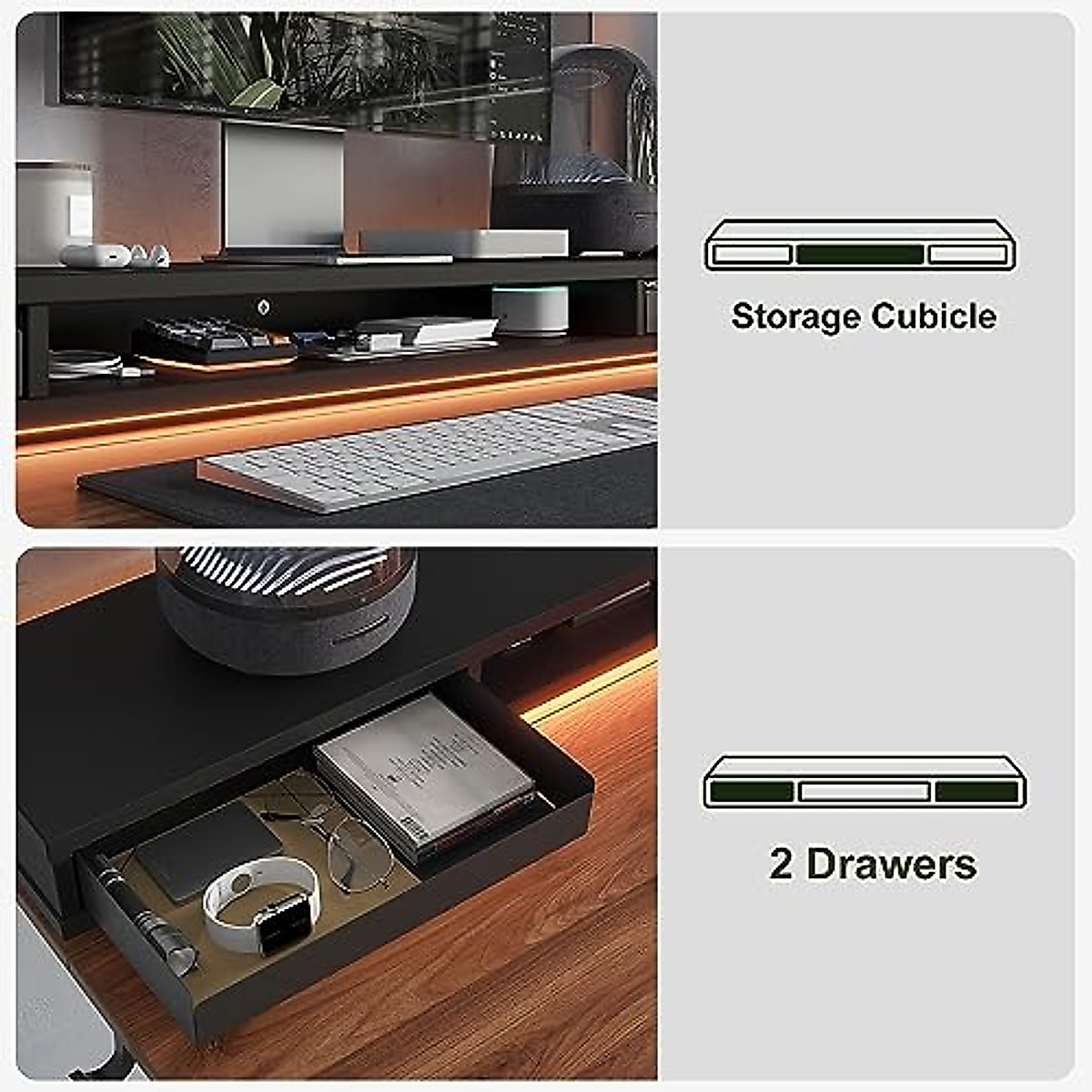 BANTI 55" × 26" Electric Standing Desk with Monitor Stand, Height Adjustable Table with LED Strips, Ergonomic Home Office Furniture with 2 Drawers Storage, Black Walnut Top