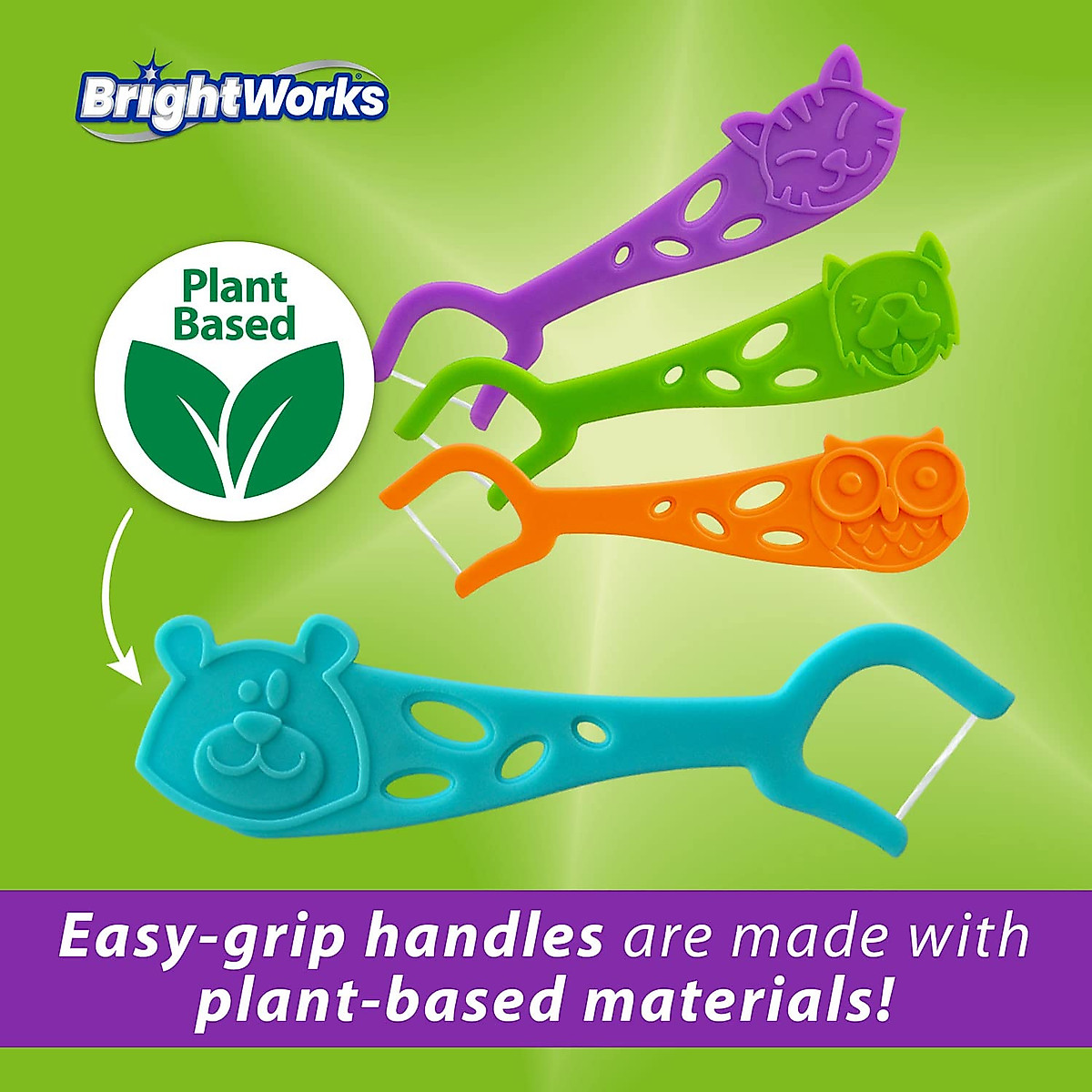 BrightWorks Kids’ Mixed Berry Dental Flossers [180 Floss Picks], plant-based handles, Colorful Animals add Fun to Support Healthy Habits, Easy-Grip Handle, Fluoride-Coated Floss. 60 count (Pack of 3)