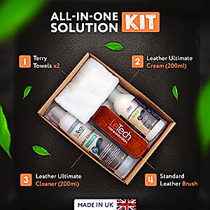 Letech Leather Cleaner for Car Interior 6.8 oz, 4-Piece Shoe Leather Care Kit, Leather Conditioner for Furniture 200 ml, Leather Furniture Cleaner and Conditioner with Cream, Brush, Towel
