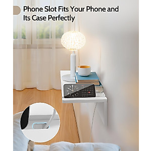 Mazjoaru White Floating Nightstand 16inch, Modern Natural Pine Wood Night Stand Floating Wall Shelves with Phone Slot, Cord Holes, Small Narrow Nightstands Bedside Tables for Bedroom Dorm Bedside