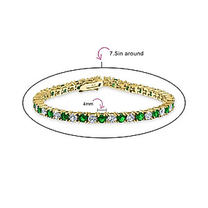 Bling Jewelry Green White Alternating Simulated Emerald Round Cubic Zirconia 12.00 CT 4 Prong Basket Set Solitaire AAA CZ Tennis Bracelet For Women Prom Bride 14K Gold Plated 7.5 Inch